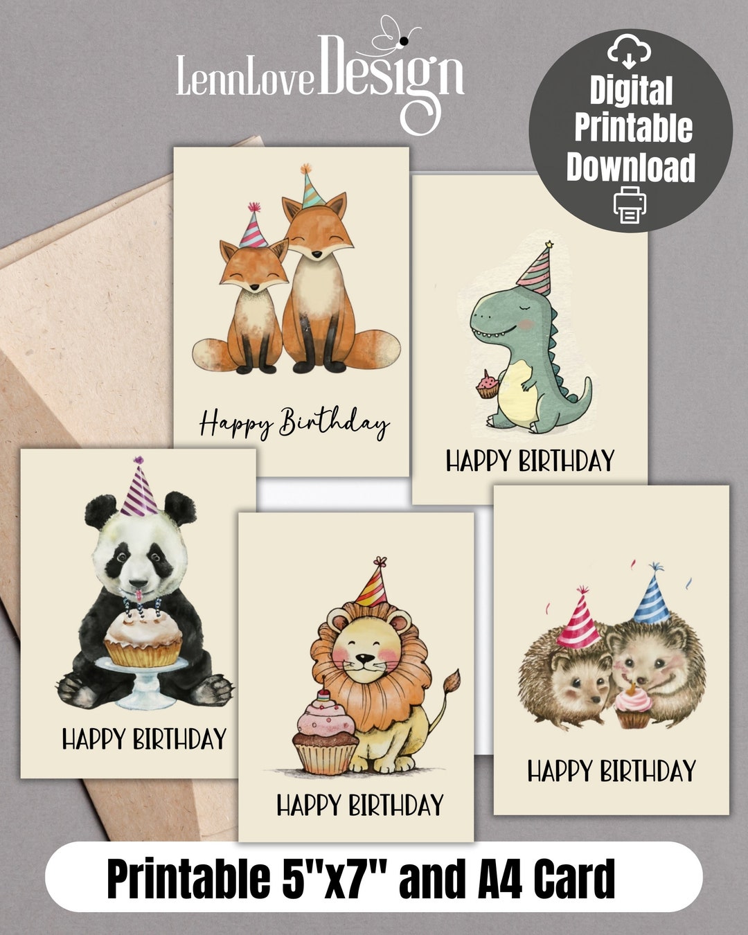 A Set of 5 Happy Birthday Animal Watercolor Cards for Kids, Digital ...