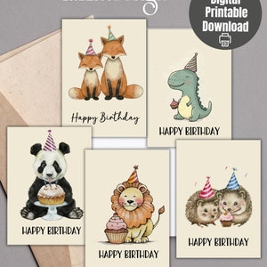 A Set of 5 Happy Birthday Animal Watercolor Cards for Kids, Digital ...