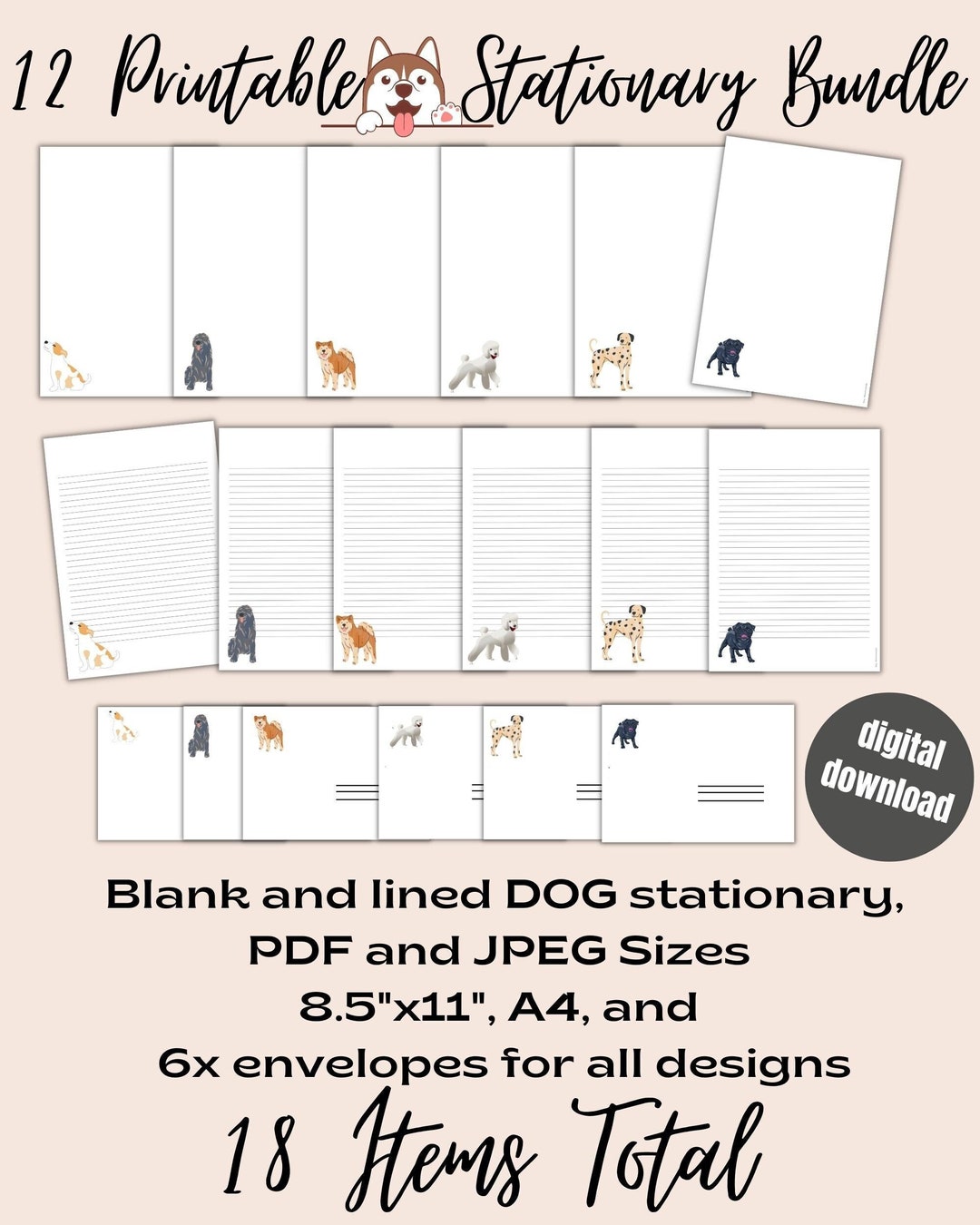12 Printable DOG Stationary & 6 Envelopes, Multipack Dog Cards for Dog ...