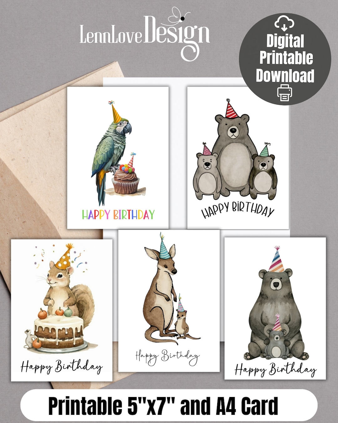 5 Pack Happy Birthday Animal Watercolor Greeting Cards, Digital Set of ...