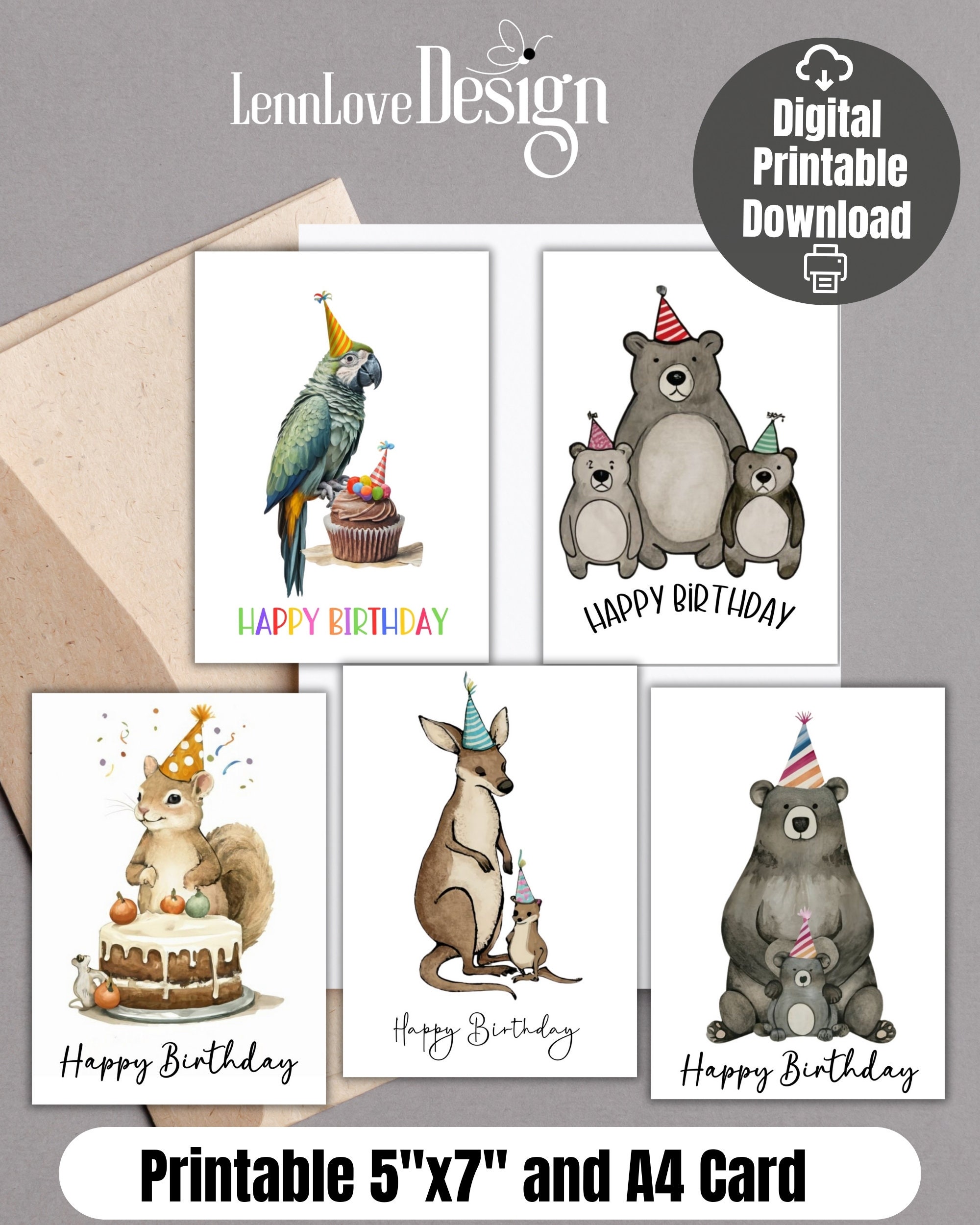 5 Pack Happy Birthday Animal Watercolor Cards, Digital Set of 5 ...