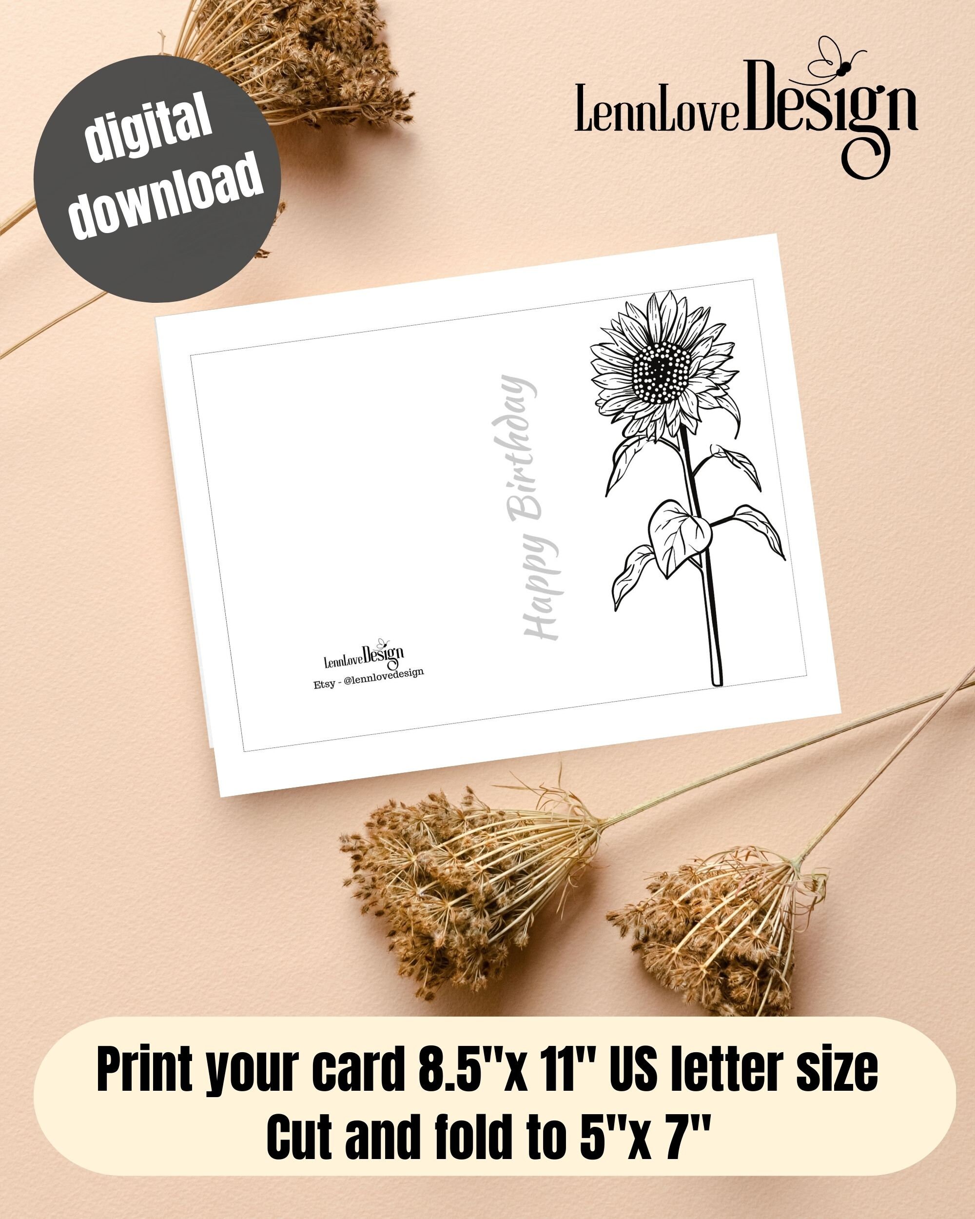 Sunflower Happy Birthday Digital Card, Instant Download, E-card, Hand ...