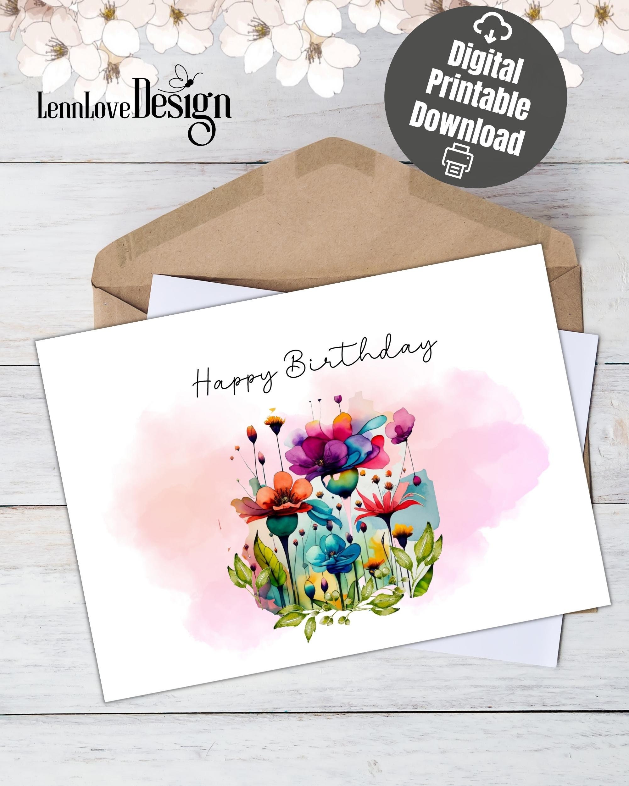 Watercolor Happy Birthday Card, Birthday Message, Printable Card, E ...