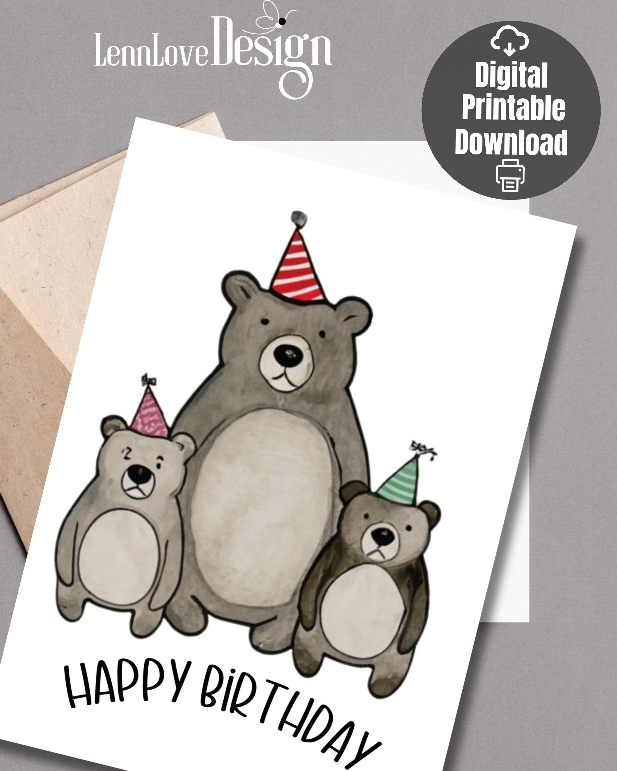 5 Pack Happy Birthday Animal Watercolor Cards, Digital Set of 5 ...