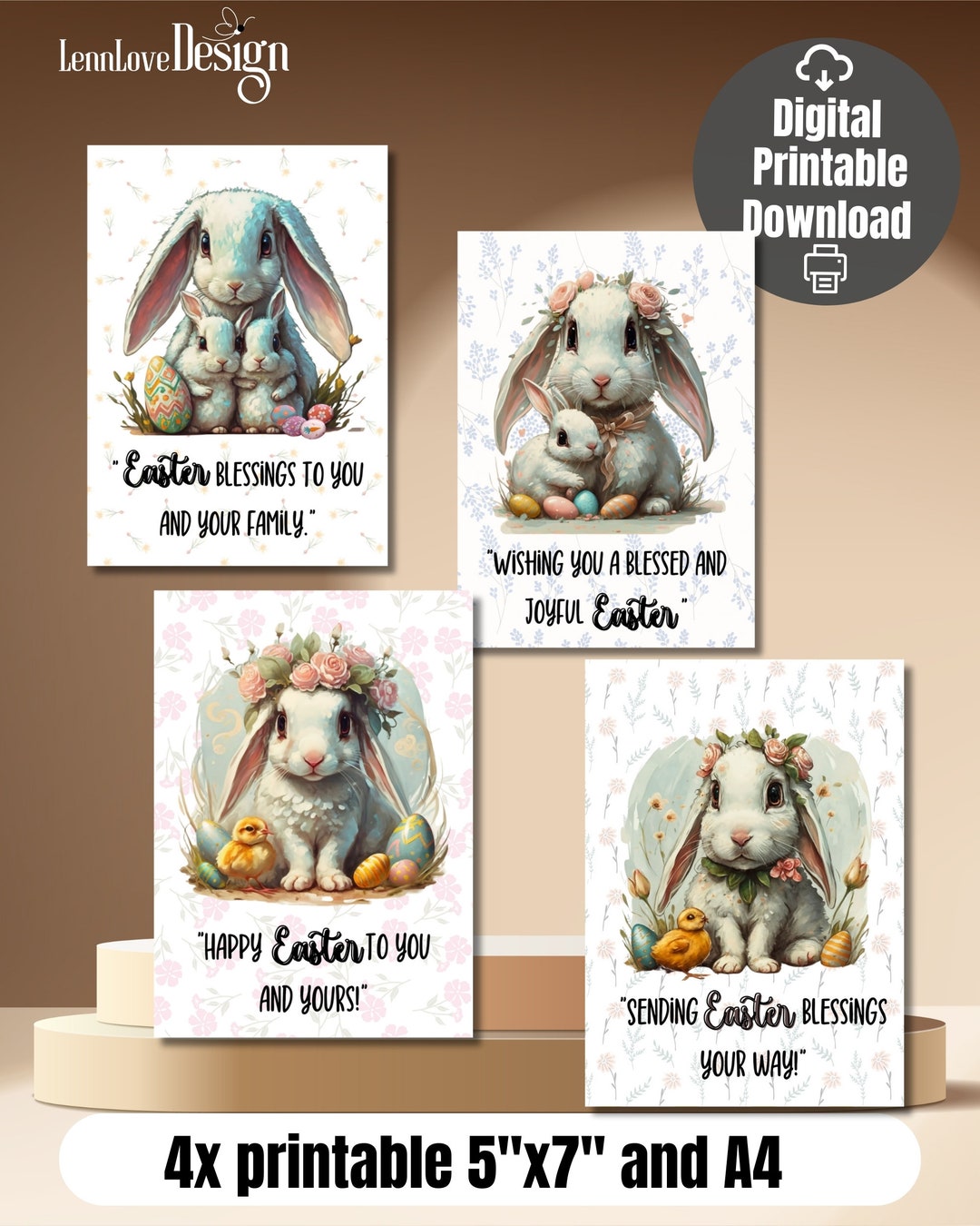 Printable Easter Bunny Greeting Card Bundle, 4 Pack , Pastel Watercolor ...