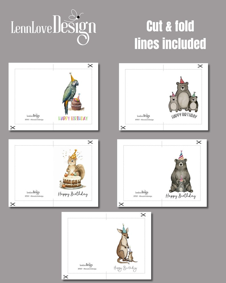 5 Pack Happy Birthday Animal Watercolor Greeting Cards, Digital Set of ...