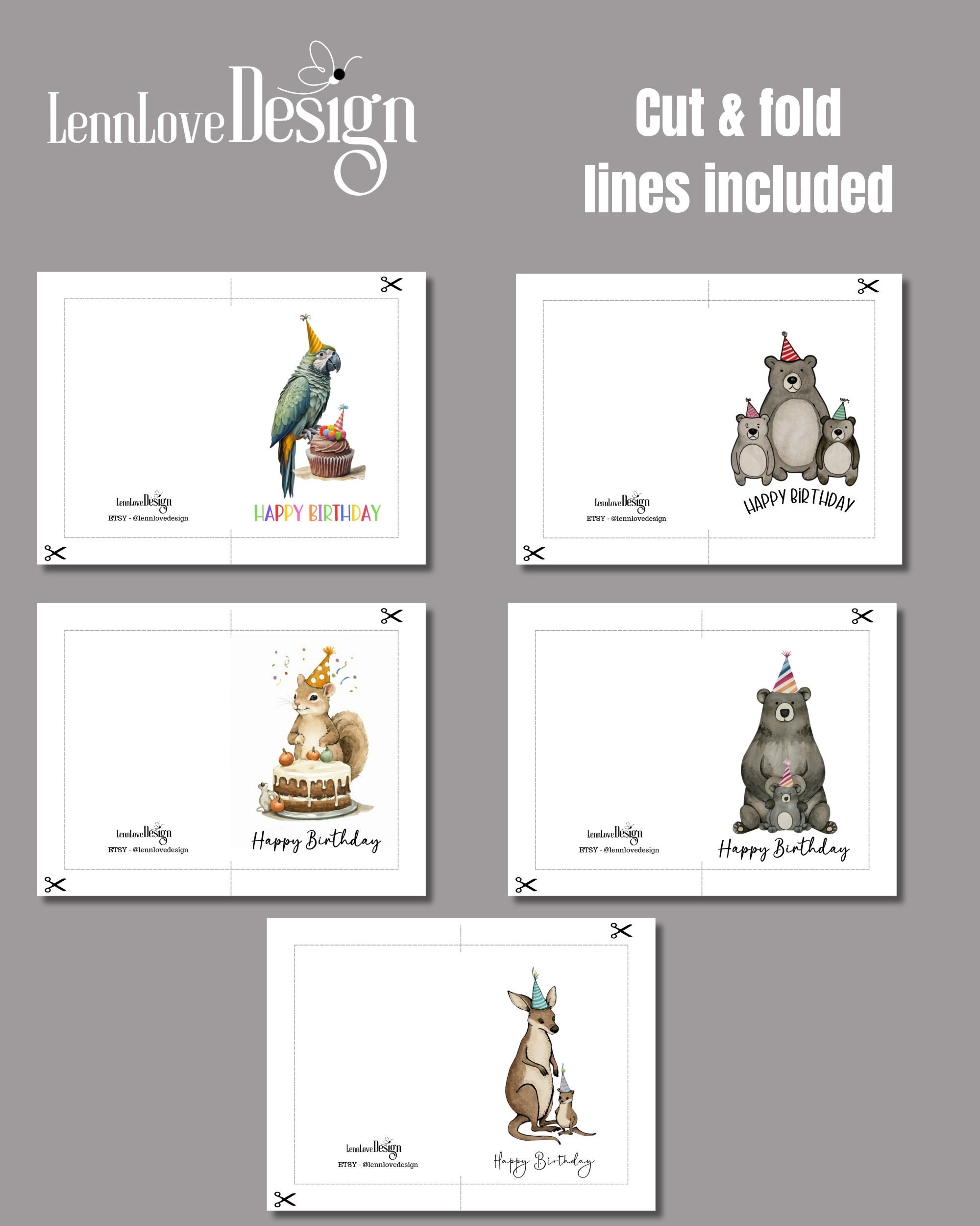 5 Pack Happy Birthday Animal Watercolor Cards, Digital Set of 5 ...