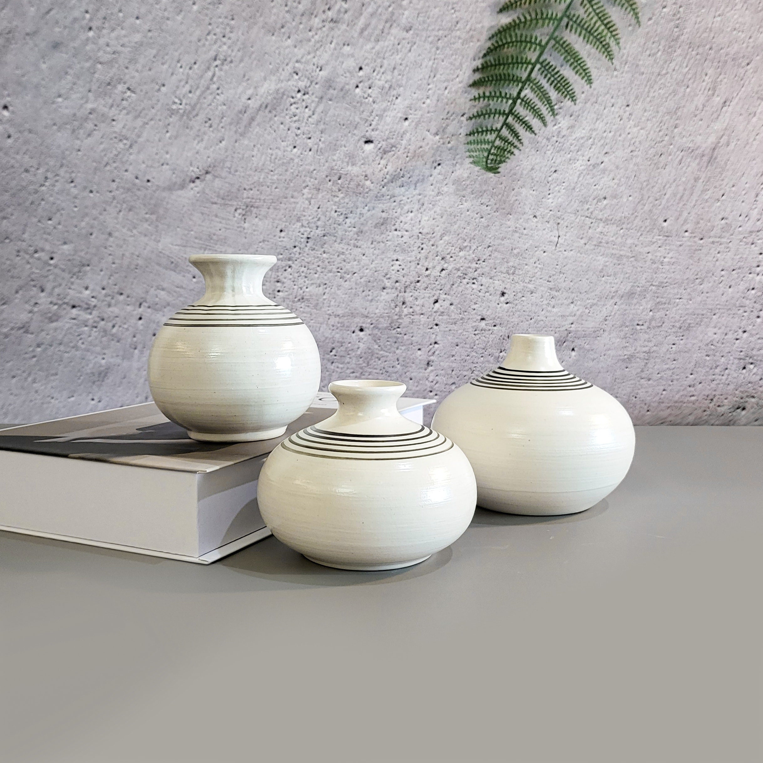 White Striped Ceramic Vases, Set of 3, Small Short Vase Set for Country ...