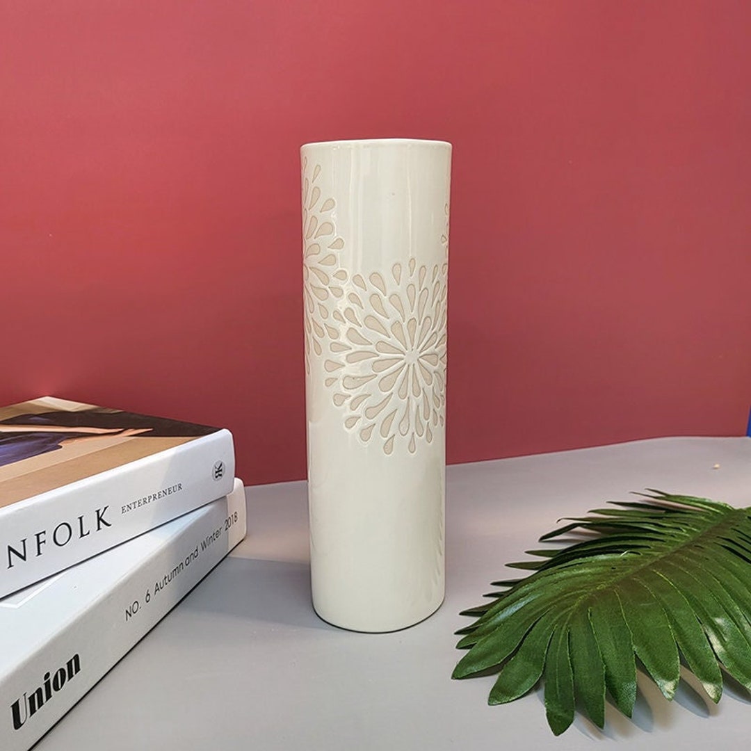 Modern White Ceramic Vase With Embossed Floral Design - Elegant Home ...