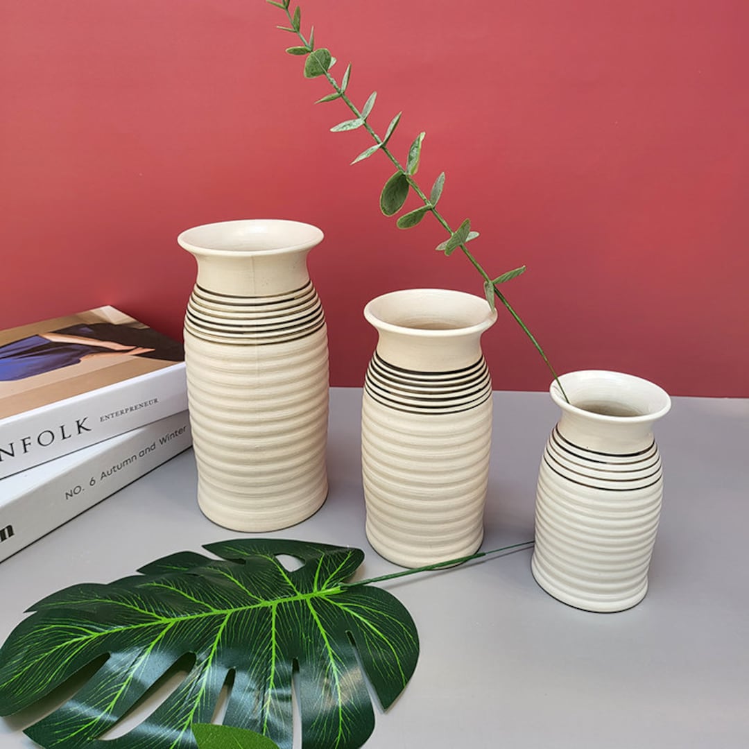 White Striped Ceramic Vases, Wide Mouth Vases, Set of 3, Versatile Boho Farmhouse Vases ...
