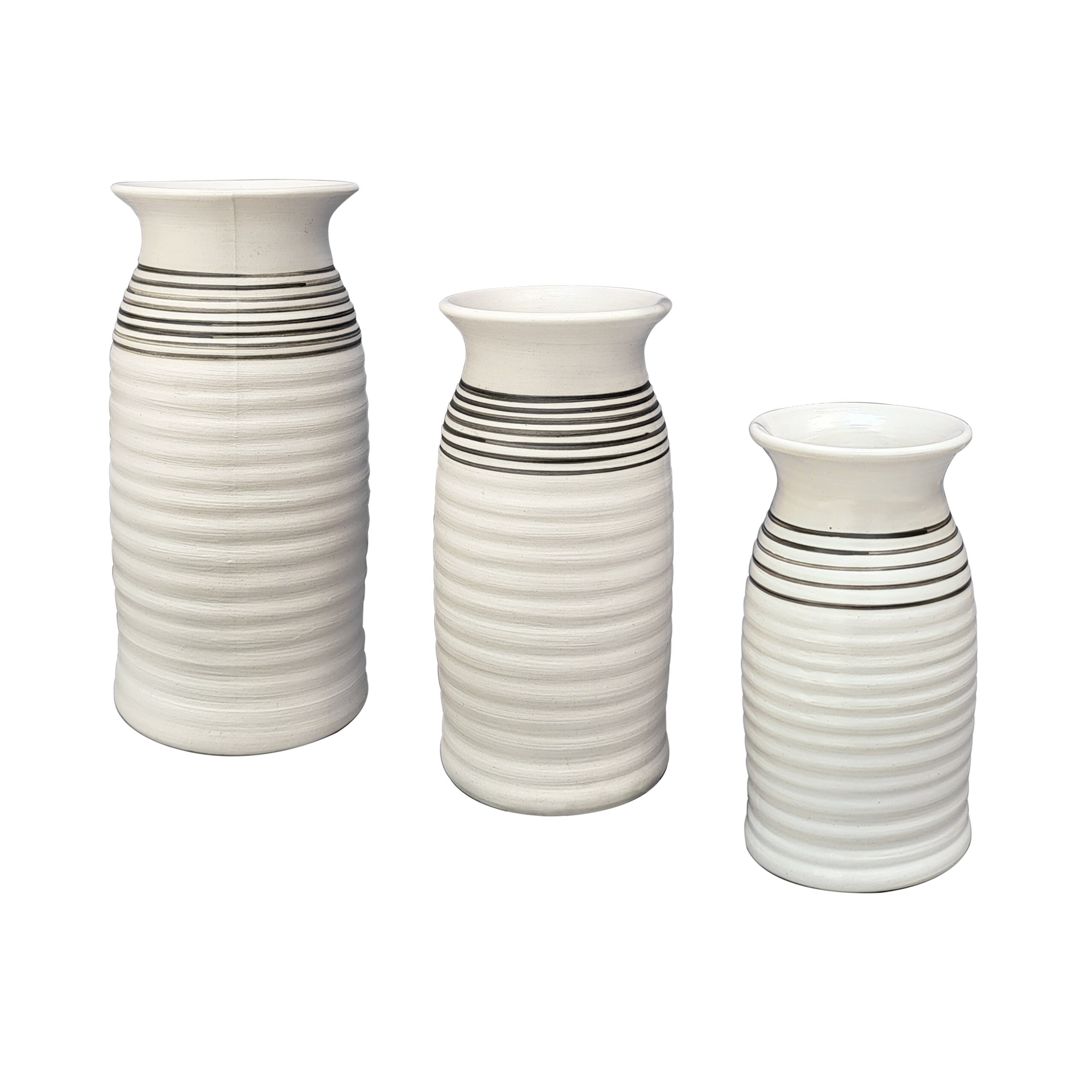 White Striped Ceramic Vases, Wide Mouth Vases, Set of 3, Versatile Boho Farmhouse Vases ...