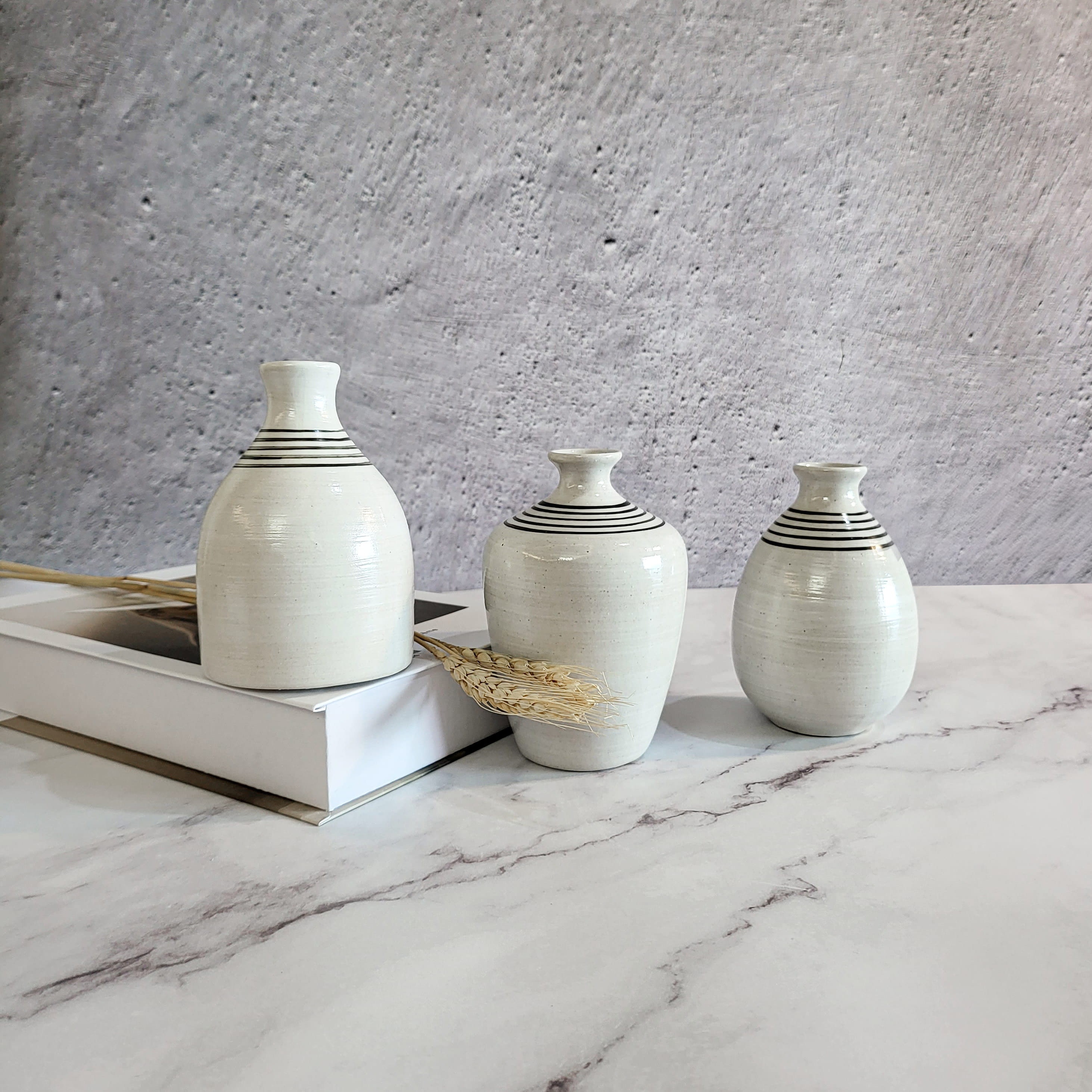 White Striped Ceramic Vases, Set of 3, Small Short Vase Set for Country ...