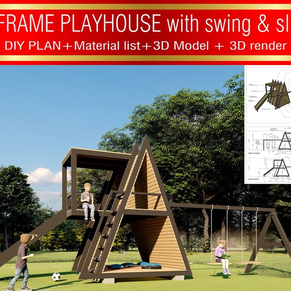 Backyard A-frame Kid's Playhouse With Swing DIY Plan Children Playhouse ...