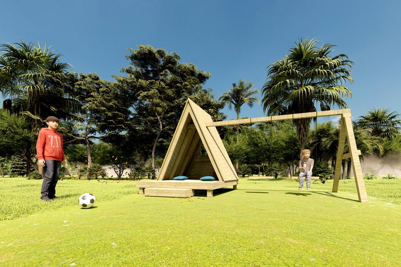 Backyard A-frame Kid's Playhouse With Swing DIY Plan Children Playhouse ...