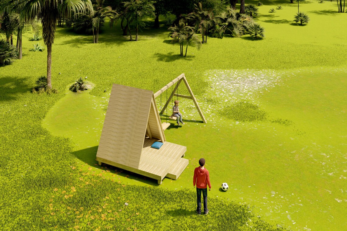 Backyard A-frame Kid's Playhouse With Swing DIY Plan Children Playhouse ...