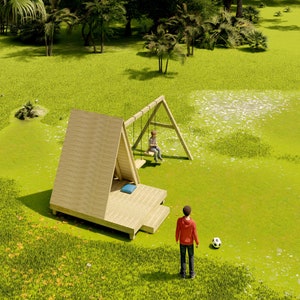 Backyard A-frame Kid's Playhouse With Swing DIY Plan Children Playhouse ...
