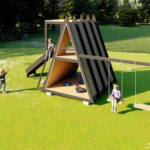 A-frame Playhouse With Slide & Swing DIY Plan, DIY Kit Play House With ...