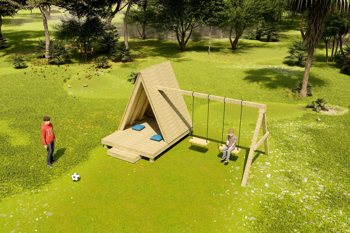 Backyard A-frame Kid's Playhouse With Swing DIY Plan Children Playhouse ...