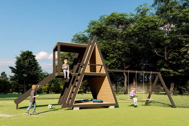 A-frame Playhouse With Slide & Swing DIY Plan, DIY Kit Play House With ...