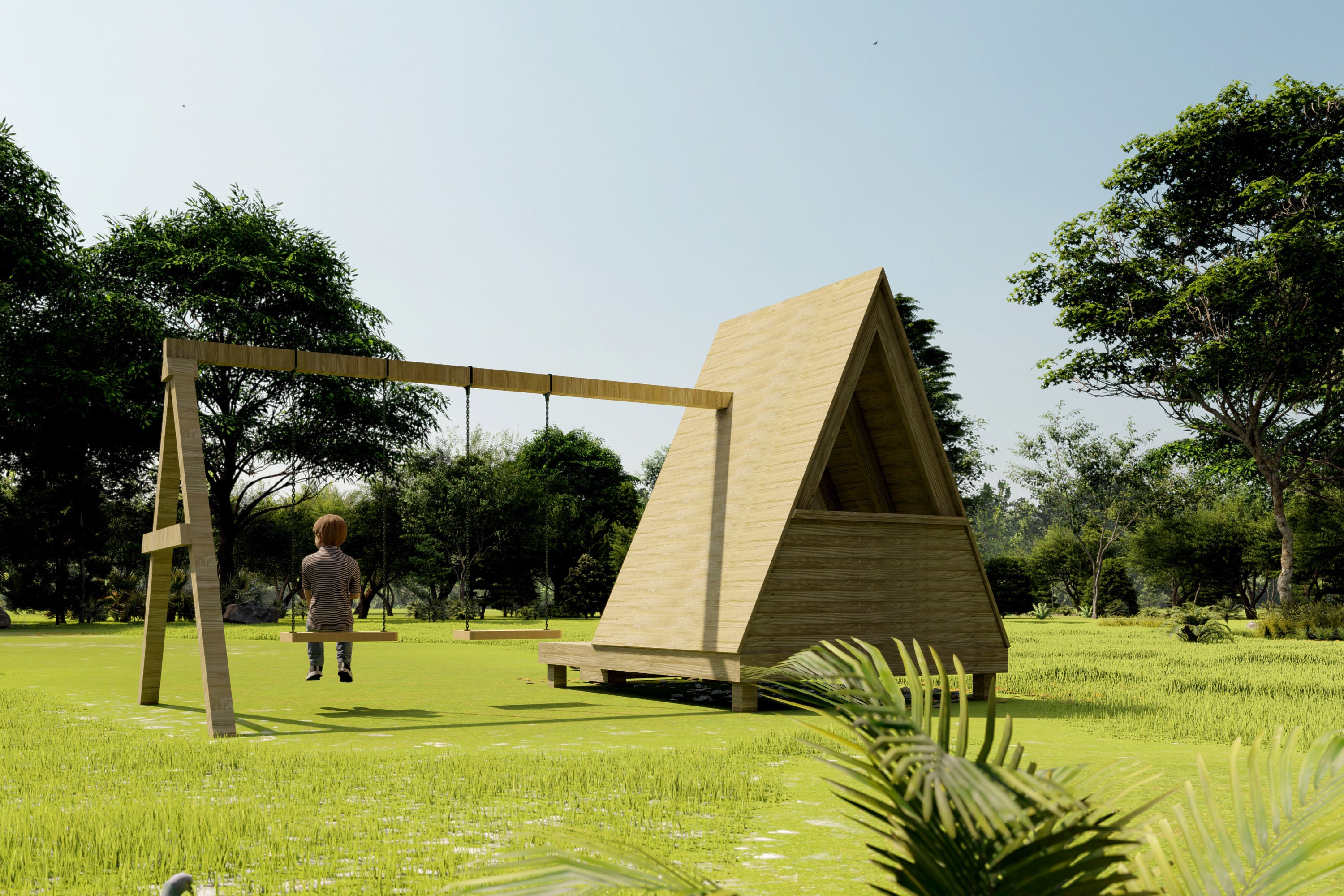 Backyard A-frame Kid's Playhouse With Swing DIY Plan Children Playhouse ...