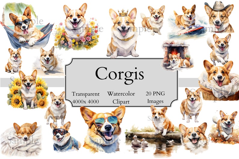 20 Cute Corgi Watercolor Clipart PNG Files, Transparent Corgi Clipart ...