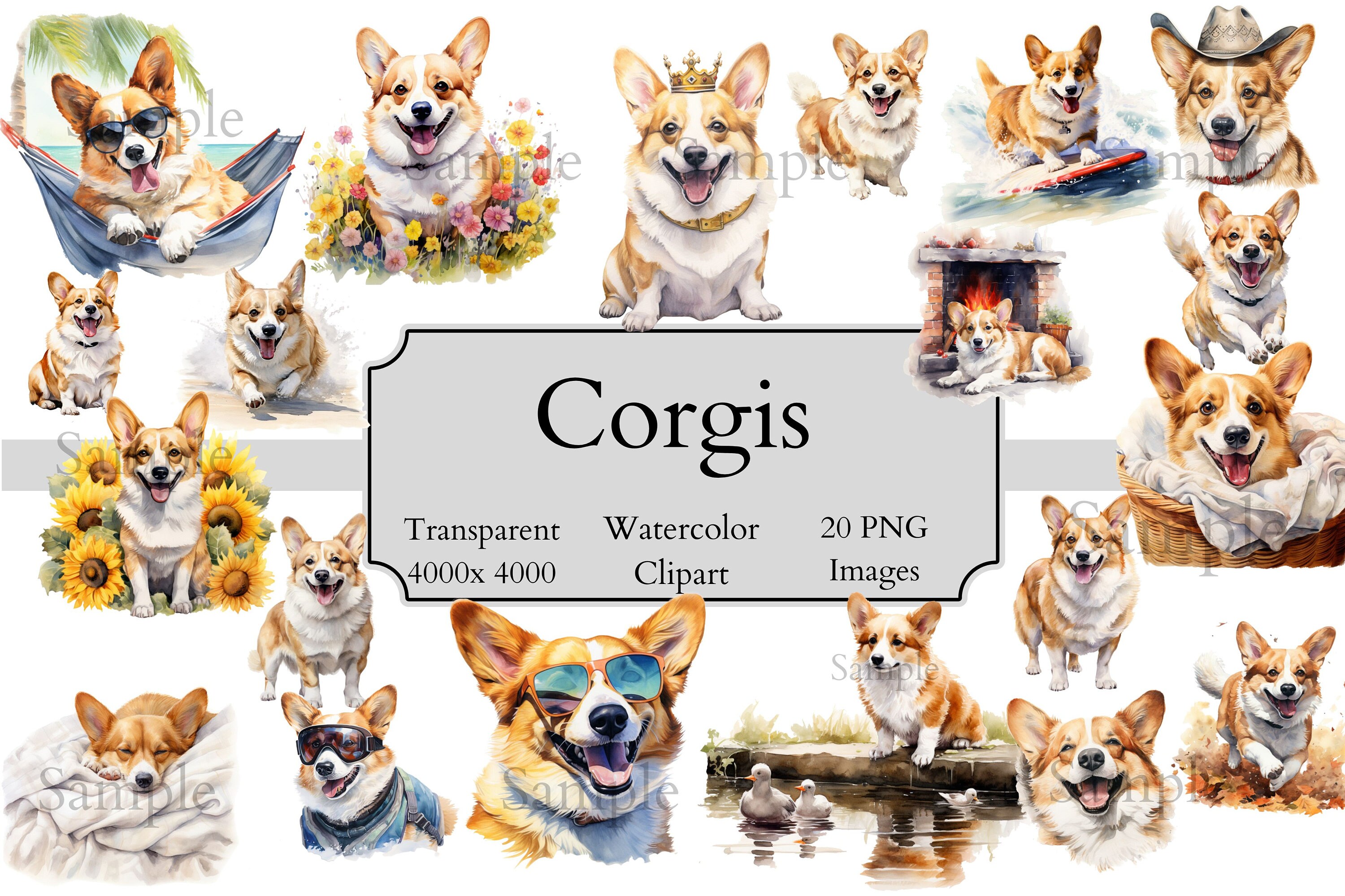 20 Cute Corgi Watercolor Clipart PNG Files, Transparent Corgi Clipart ...