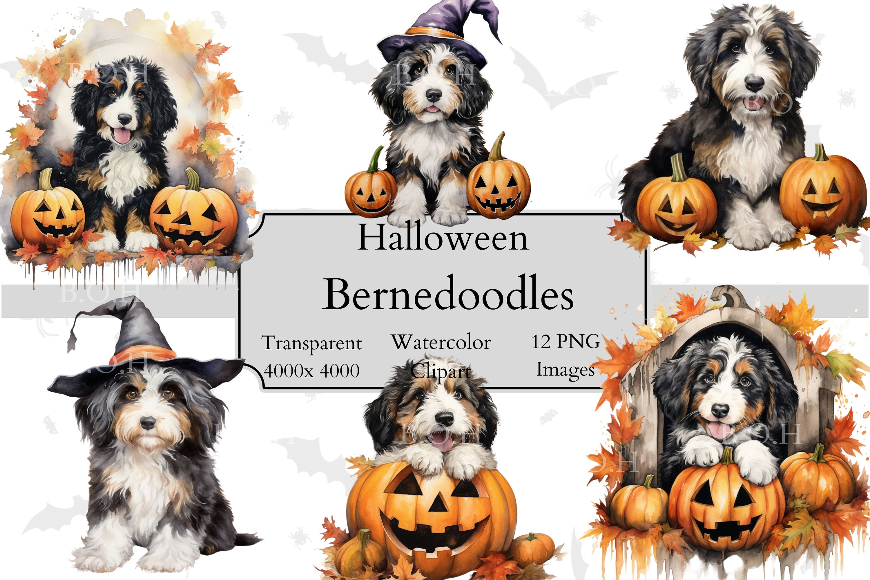 12 Cute Halloween Bernedoodle Watercolor Clipart PNG Files, Transparent ...