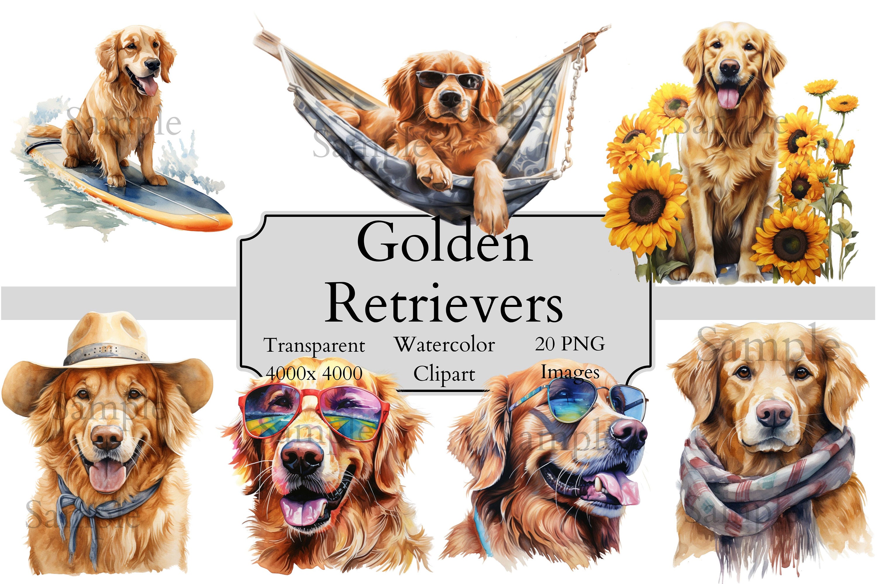 20 Cute Golden Retrievers Watercolor Clipart PNG Files, Transparent ...