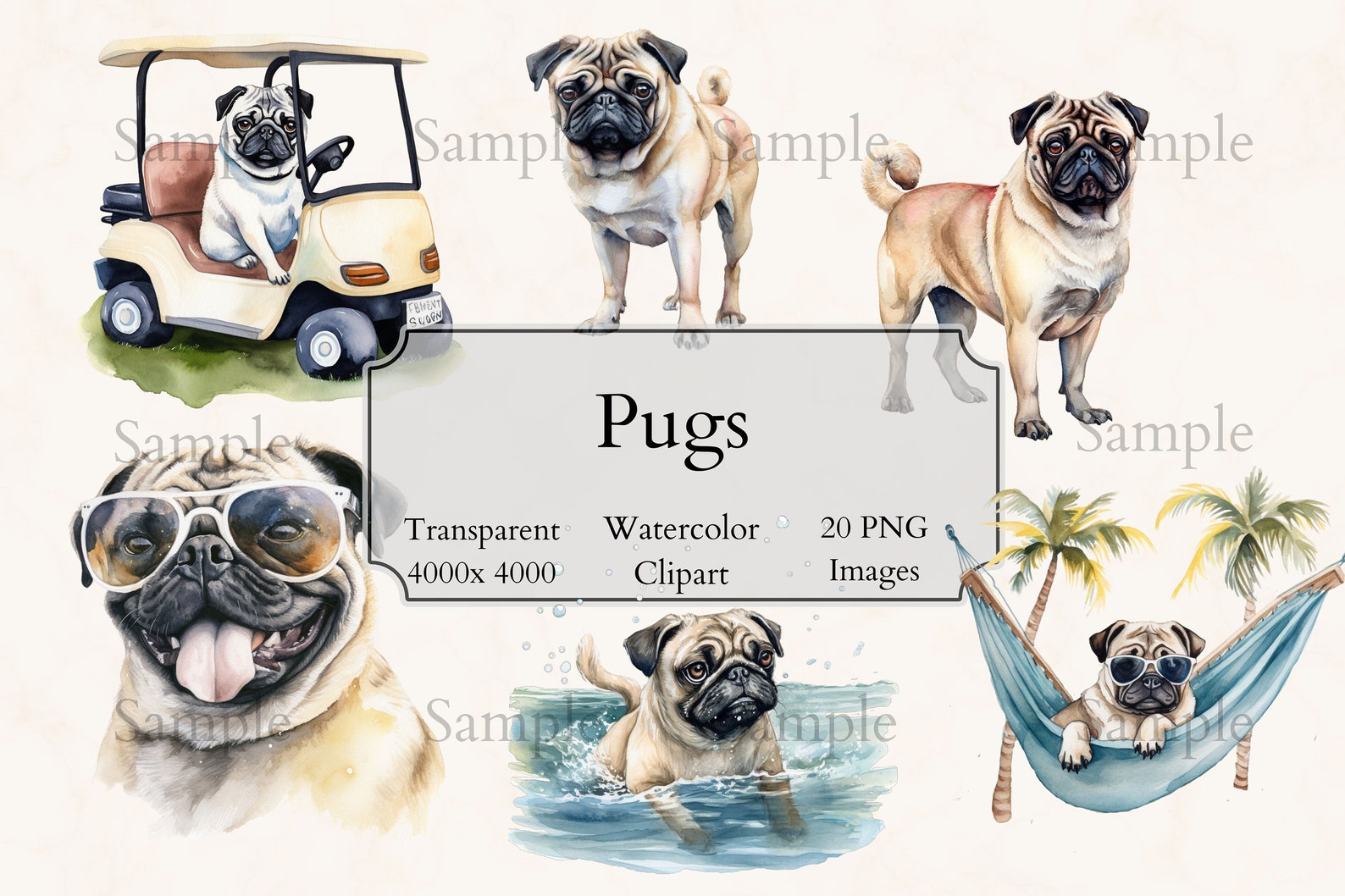 20 Cute Pug Watercolor Clipart PNG Files, Transparent Pugs Clipart ...