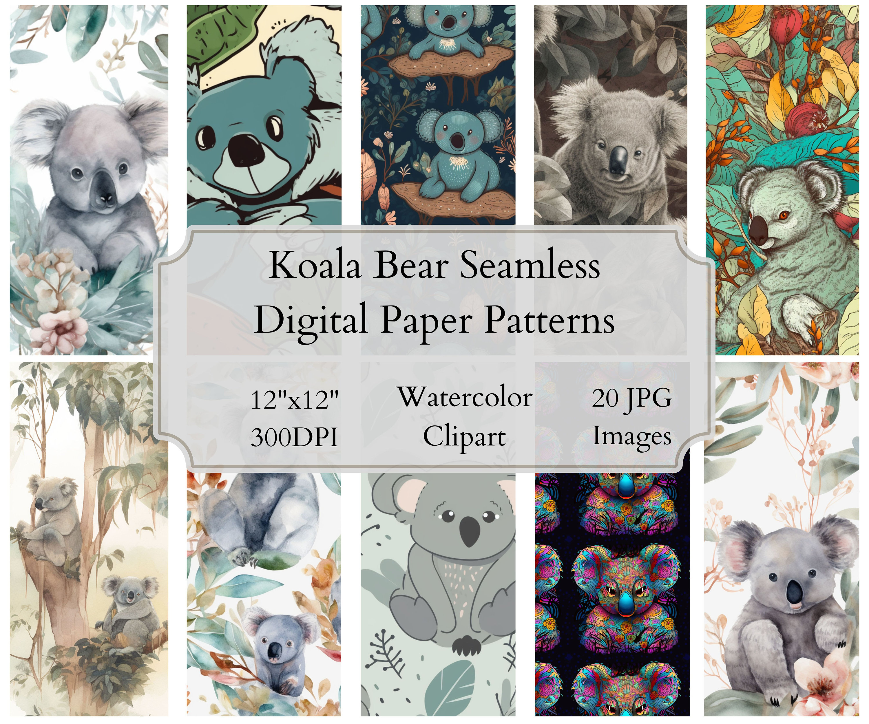 Koala Bear Seamless Digital Paper Pack, Koala Digital Paper, Australian ...
