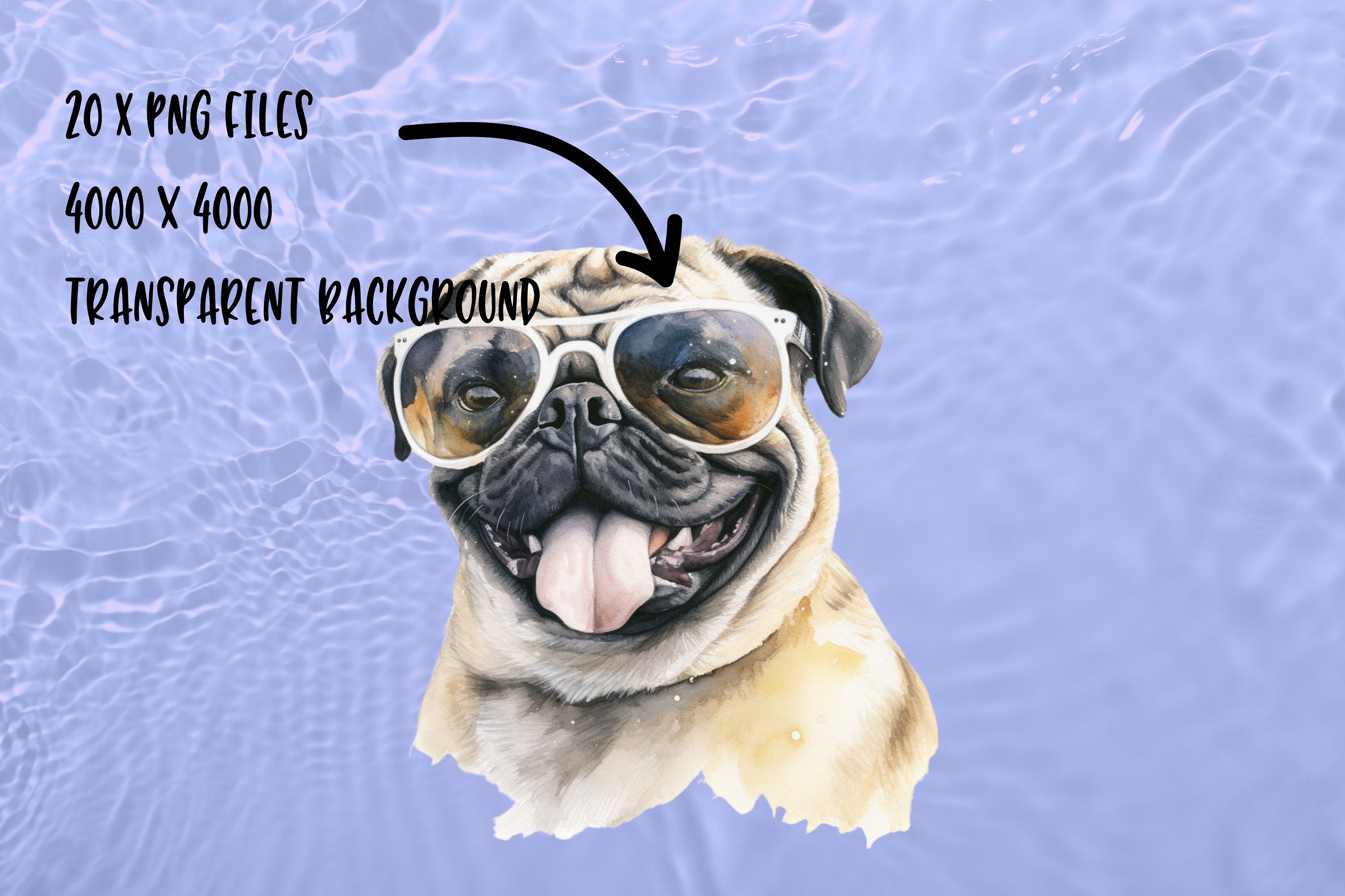 20 Cute Pug Watercolor Clipart PNG Files, Transparent Pugs Clipart ...