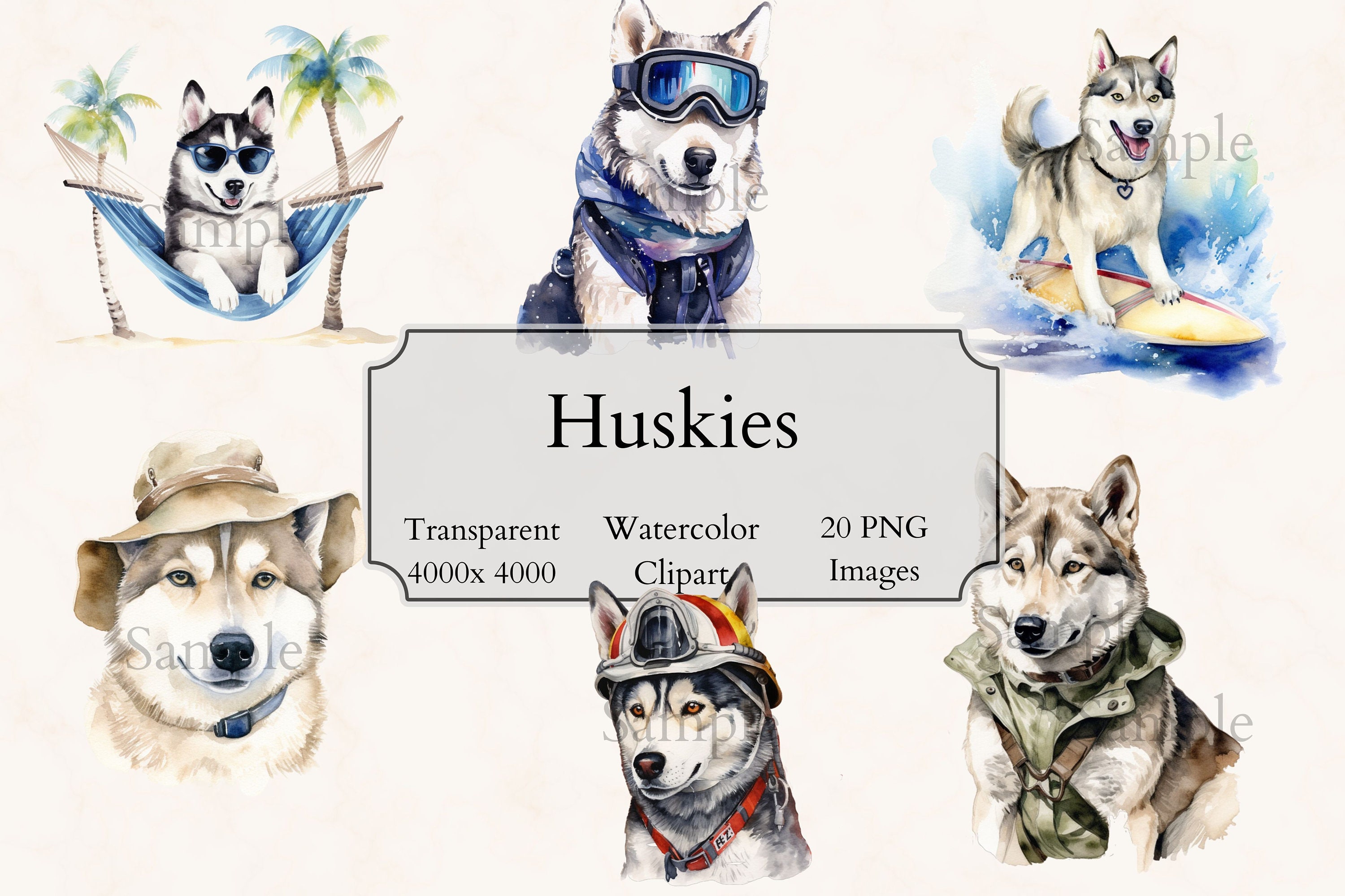 20 Cute Siberian Huskies Watercolor Clipart PNG Files, Transparent ...