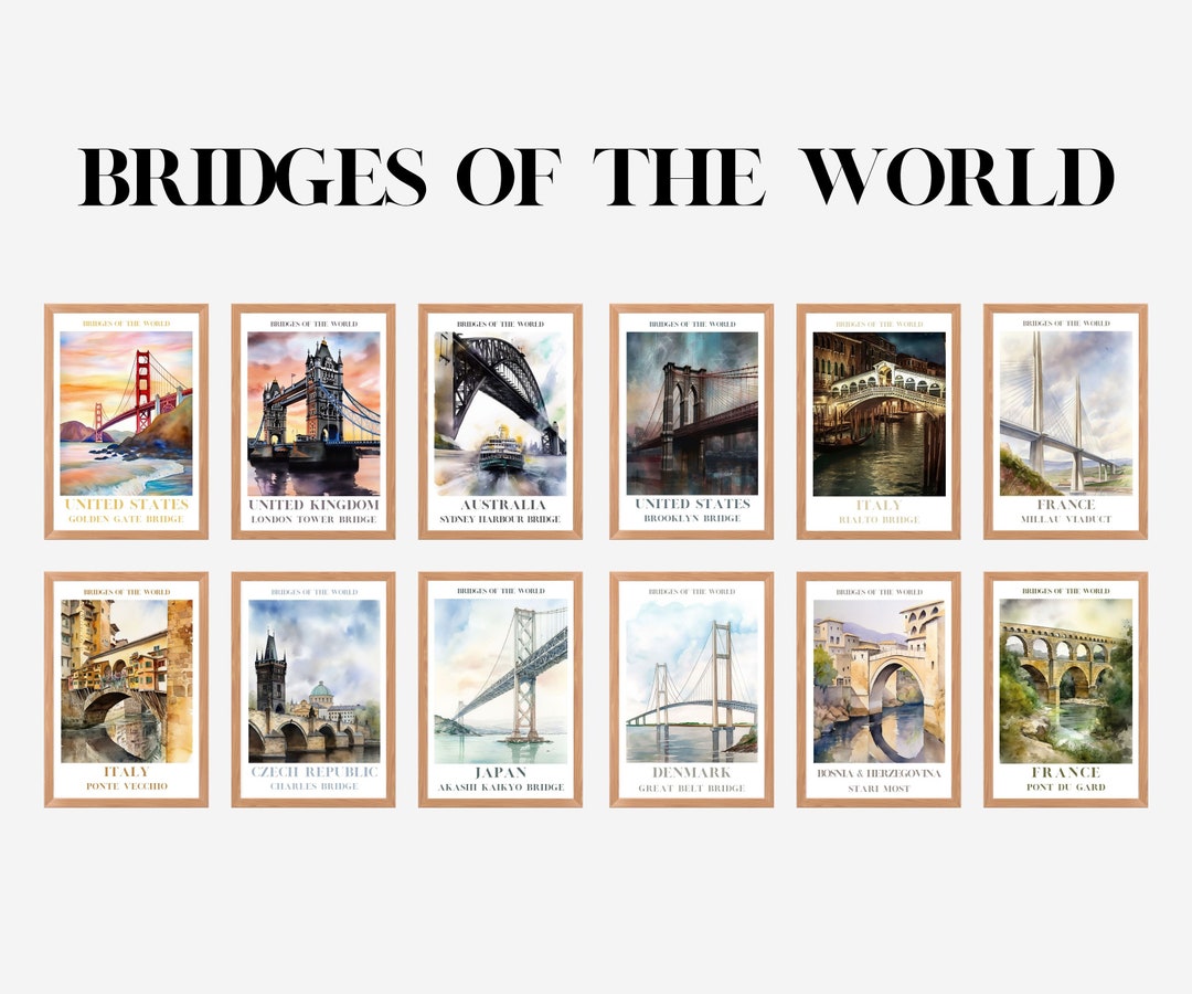 12 Watercolor Paintings of World Famous Bridges, Famous Bridge Set of ...