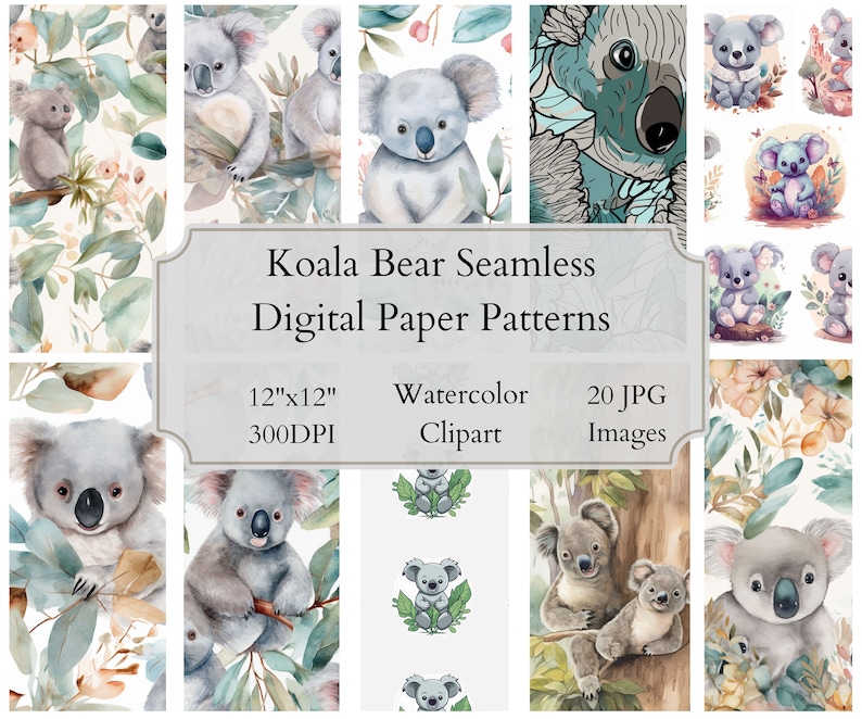 Koala Bear Seamless Digital Paper Pack, Koala Digital Paper, Australian ...
