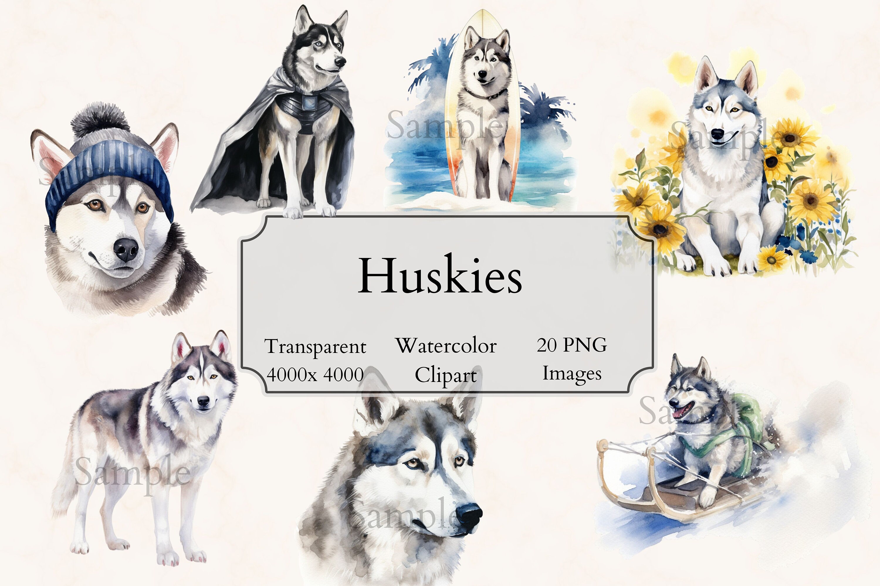 20 Cute Siberian Huskies Watercolor Clipart PNG Files, Transparent ...