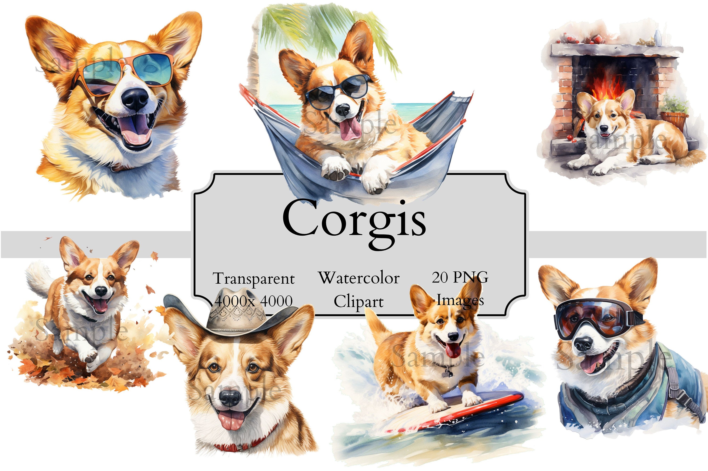20 Cute Corgi Watercolor Clipart PNG Files, Transparent Corgi Clipart ...