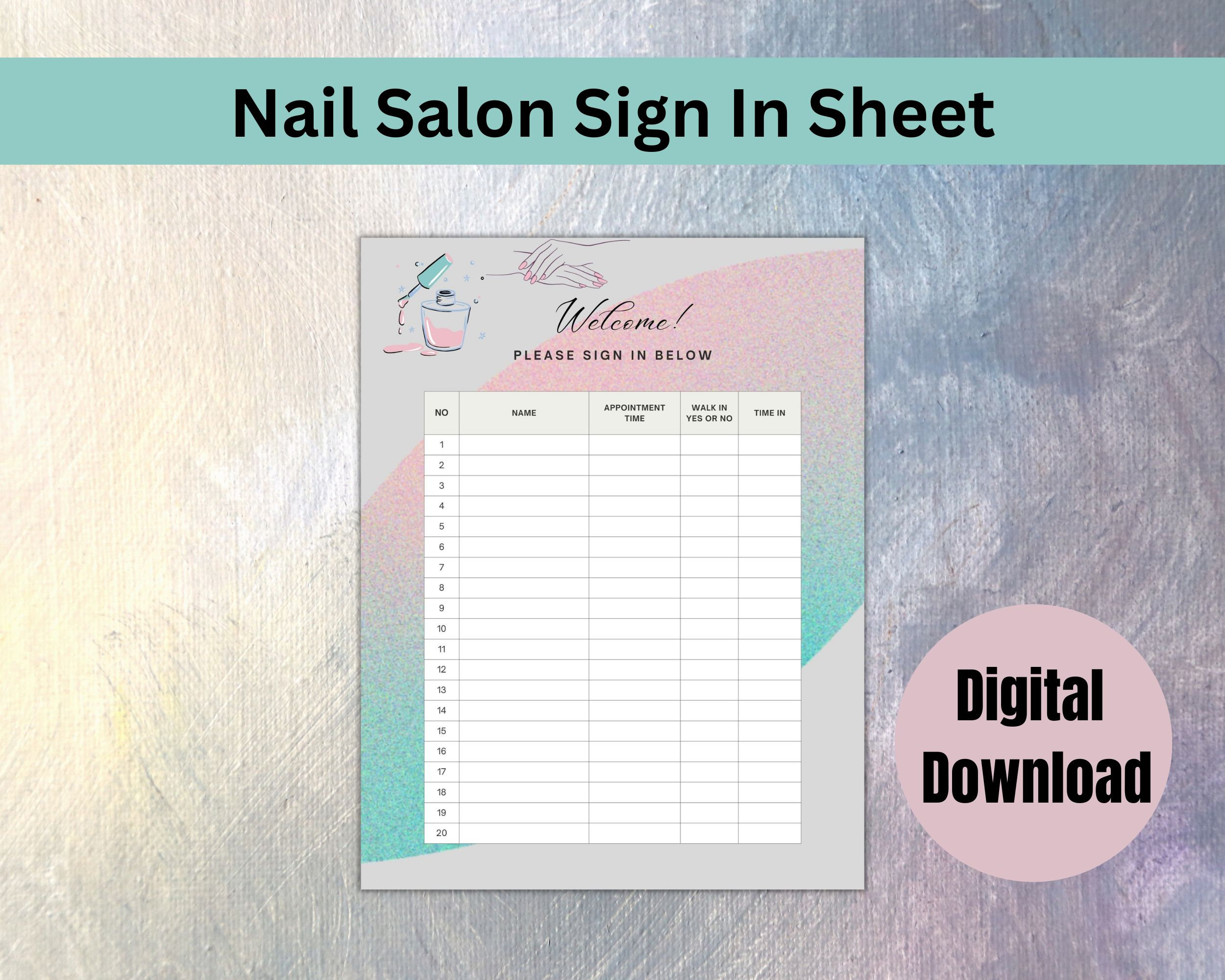 Nail Salon Sign in Sheet, Nail Salon Sign In, Nail Shop, Nail Client ...