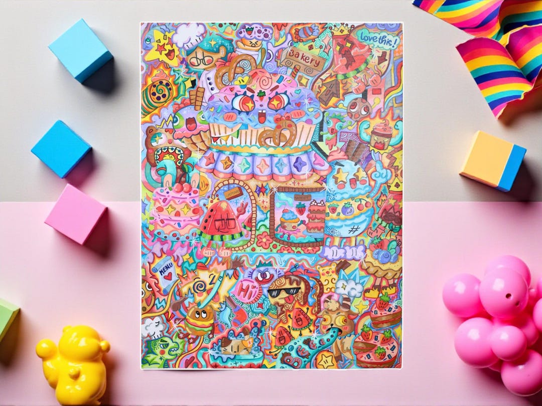 Sweet Psychedelic Doodle Cupcake Painting – 60x80cm (23.6x31.5in ...