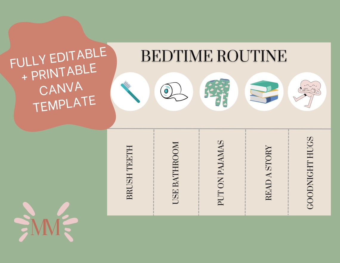 Printable Kids Bedtime Routine Chore Chart Easy Editable Template ...
