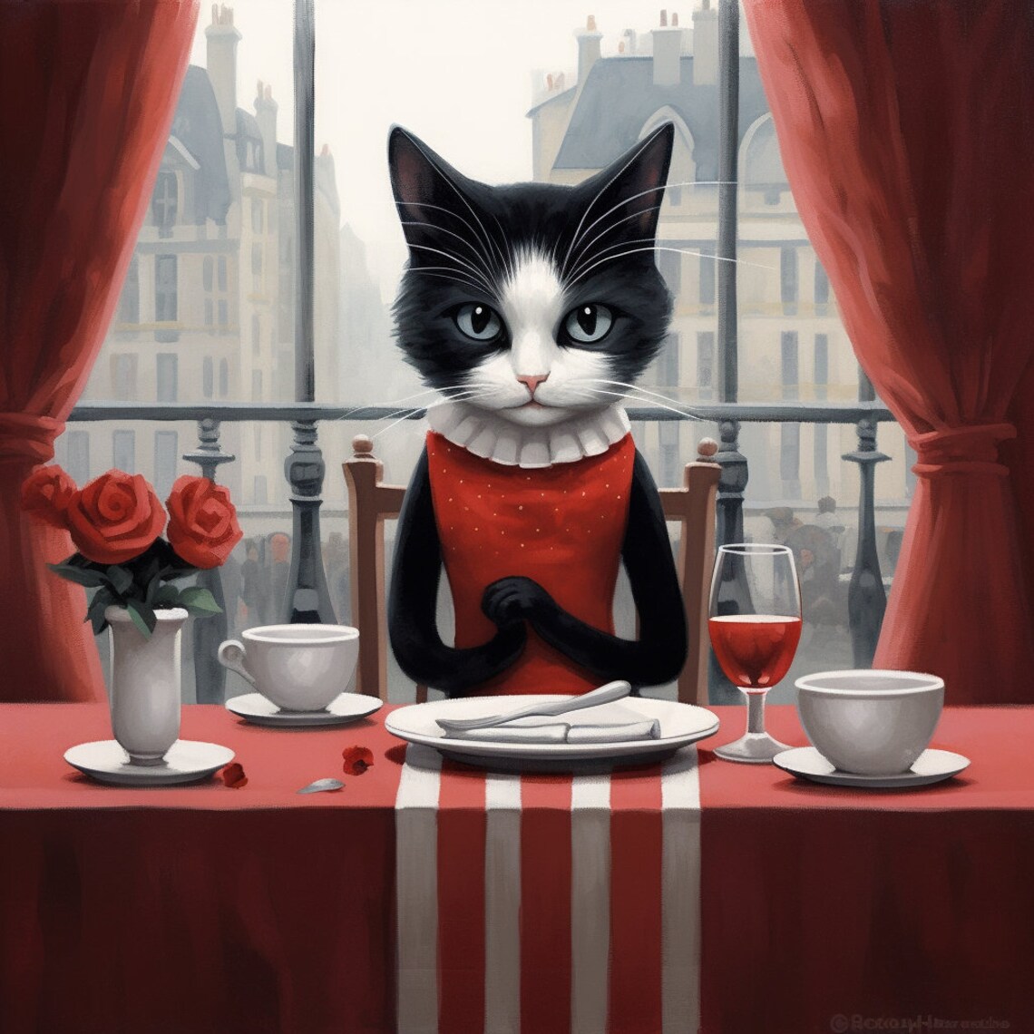 Elegant Feline Digital Art, Tuxedo Cat Art, Cat in Paris, Le Chat ...