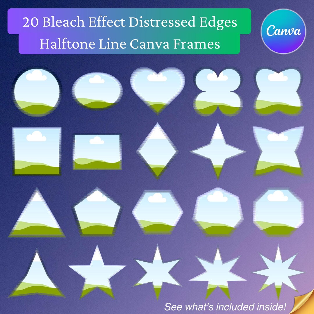 20 Bleach Effect Distressed Edges Halftone Line Canva Frames. Editable ...