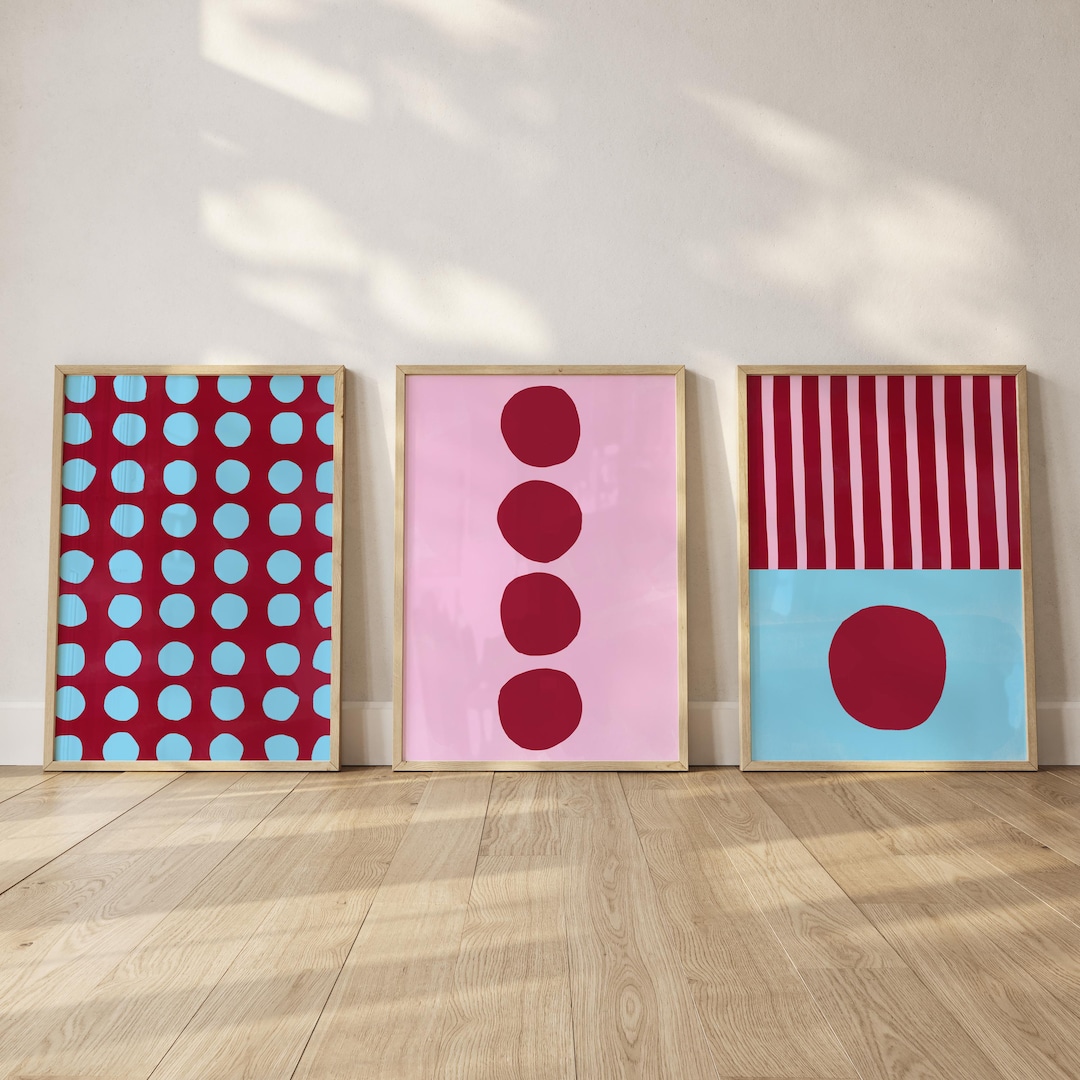 Polka Dot Textured Wall Art Set of 3 Prints Maroon Baby Blue Light Pink ...