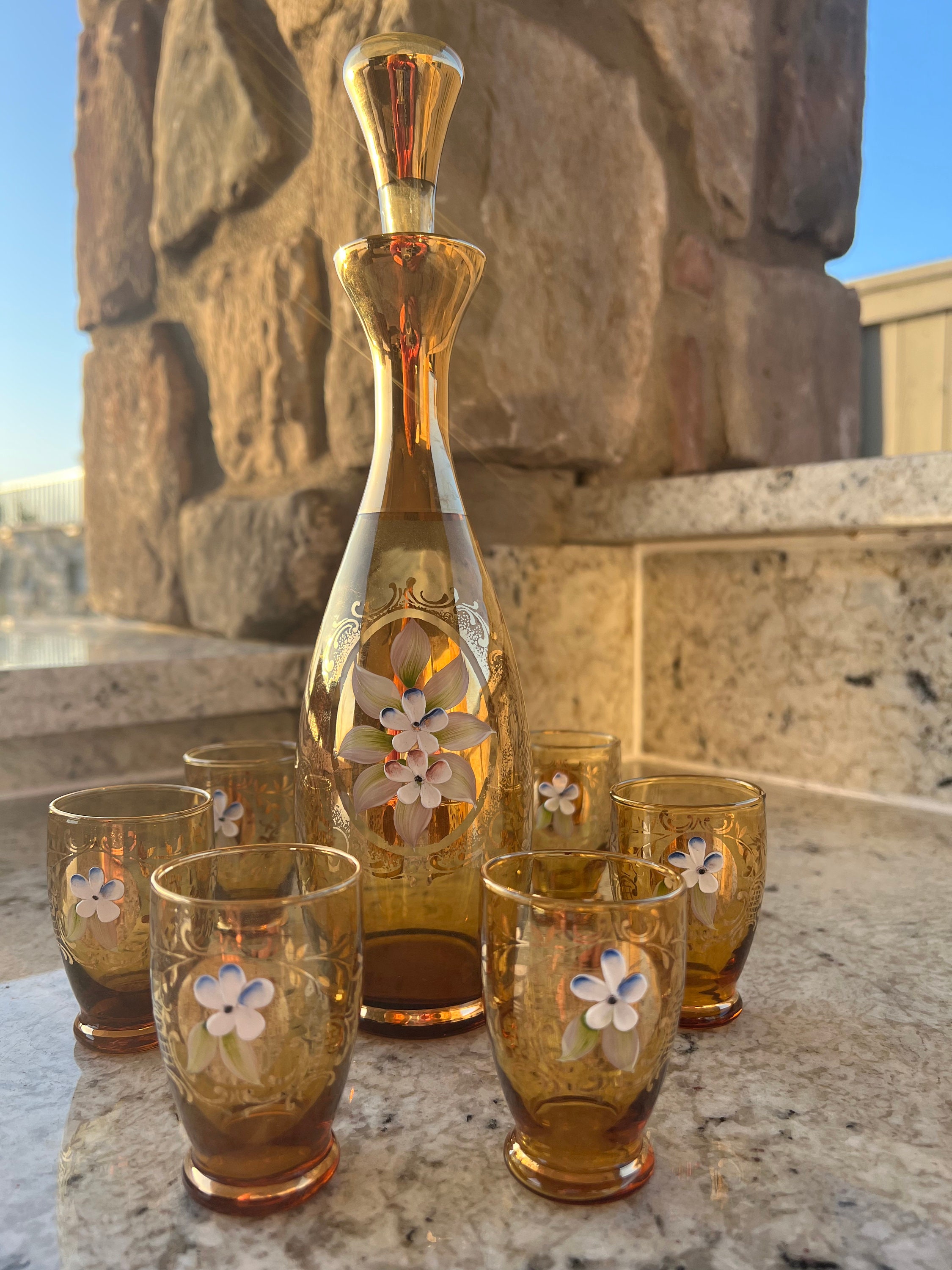 Venetian Italian Glass Decanter Set, Amber Gold With Tre Fuochi Design ...