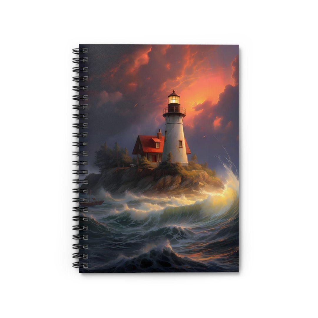 Lighthouse Notebook | Spiral Ruled Line | Vibrant Fantasy Lighthouse ...
