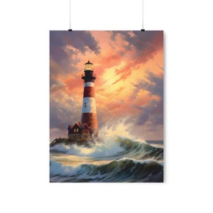 Lighthouse Poster | Lighthouse at Fiery Sunset | Idyllic Luminous ...