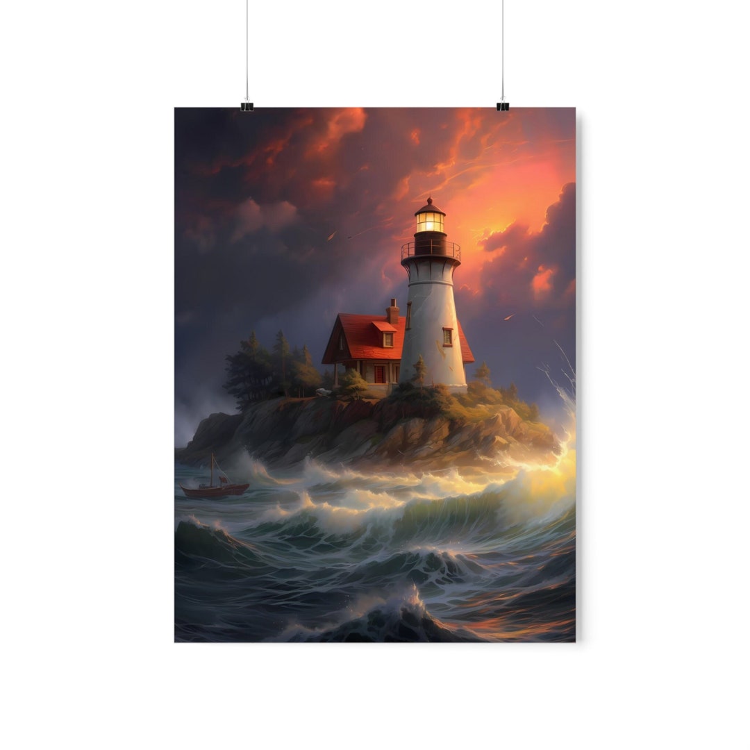 Lighthouse Poster | Vibrant Fantasy Lighthouse Sunset | AI Wall Art ...