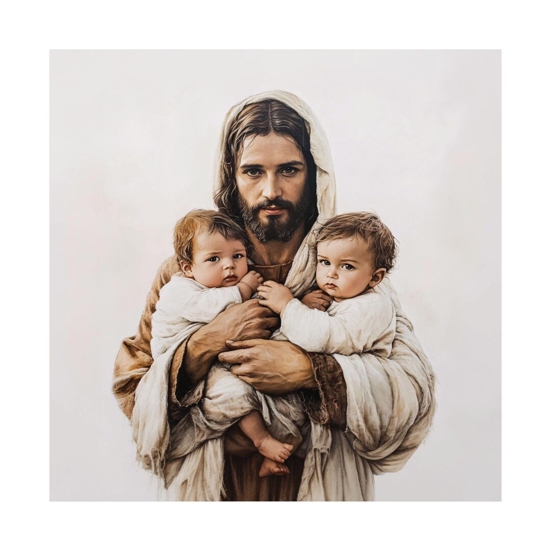 Christian Satin Poster - Jesus Holding Two Babies Wall Art, Faith-based ...