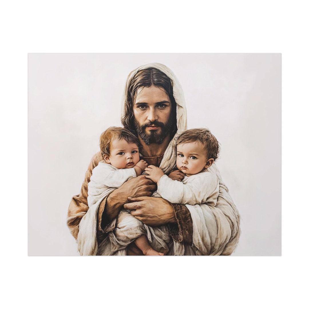 Uncoated Poster, Jesus Holding Two Babies - Original Artwork, Serene ...