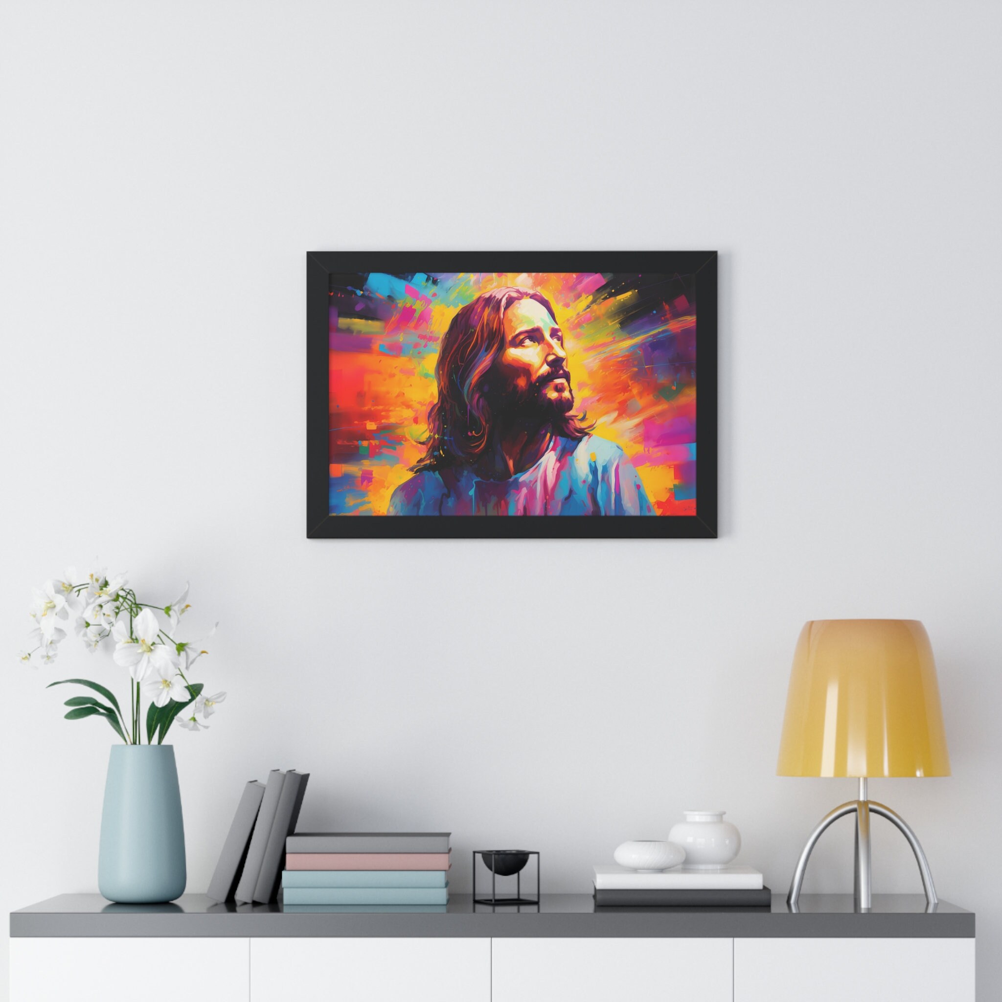 Jesus Art Poster Framed Horizontal Poster Technicolor Jesus AI Wall Art ...