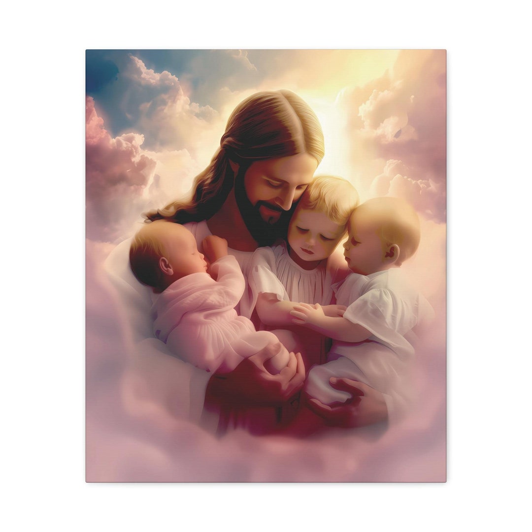 Jesus Holding 3 Infants, Matte Canvas Print, Heavenly Illustration on ...